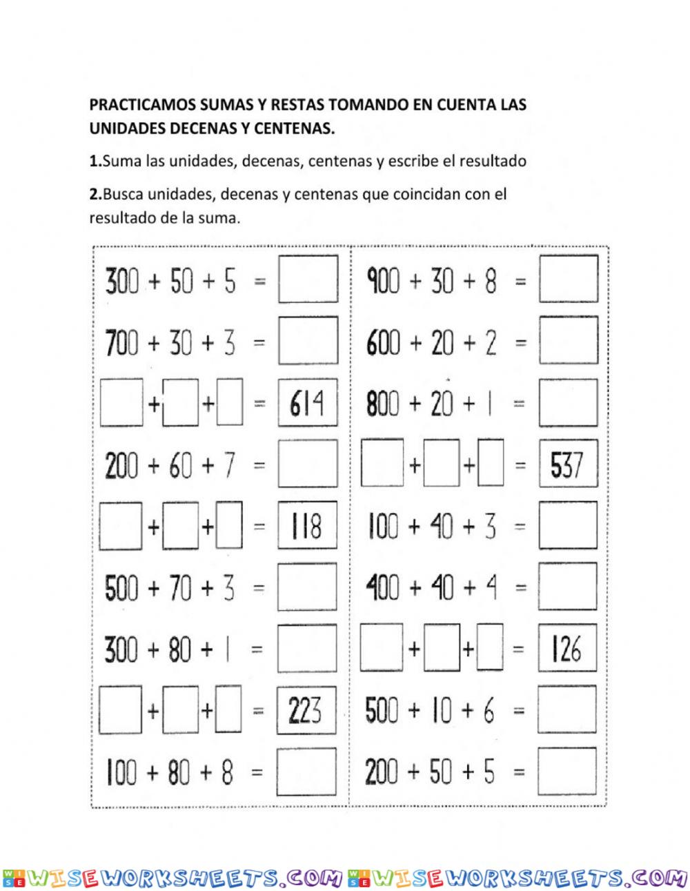 Suma de centenas, decenas y unidades Worksheet Online WiseWorksheets