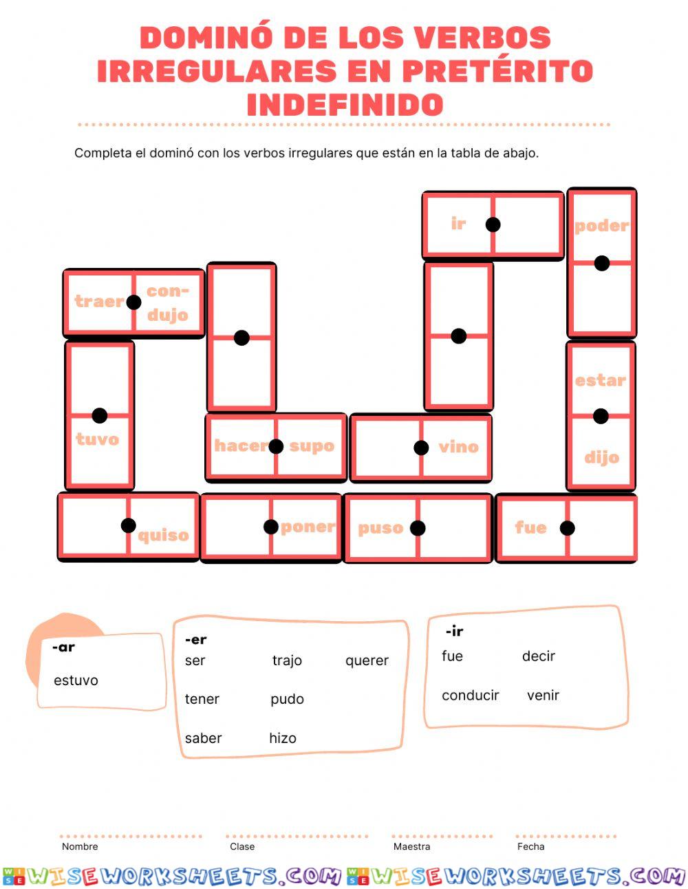 Dominó de los verbos irregulares en pretérito indefinido Worksheet ...