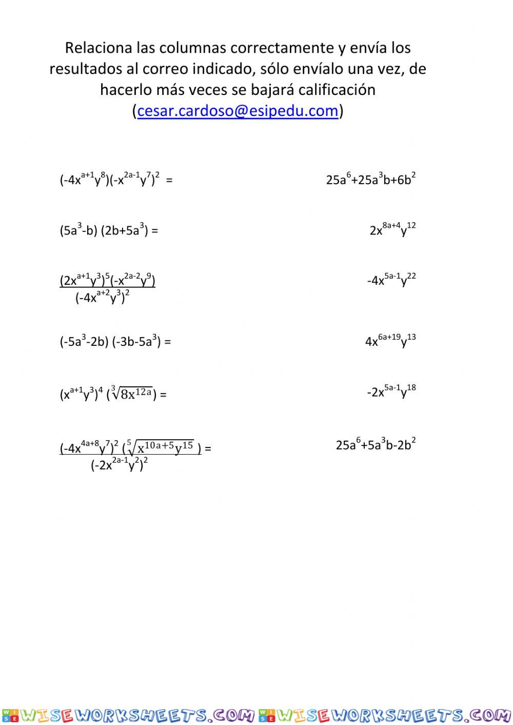 Operaciones combinadas con leyes de exponentes Worksheet Online ... Operaciones combinadas con leyes de exponentes Worksheet Online ...