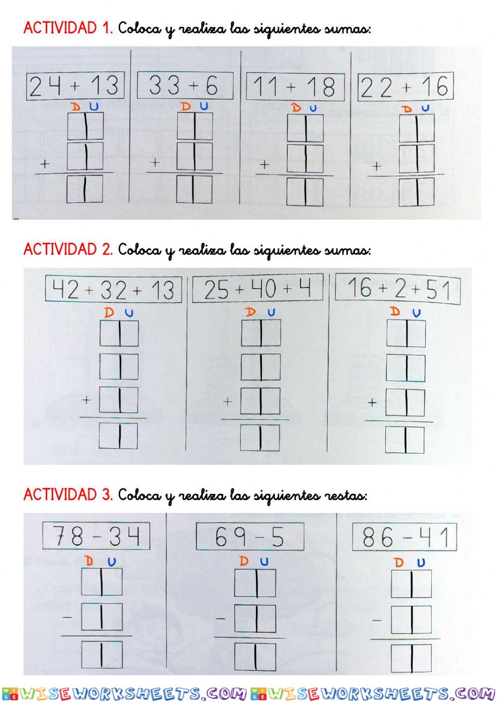 Repaso de sumas y restas sin llevar Worksheet Online WiseWorksheets