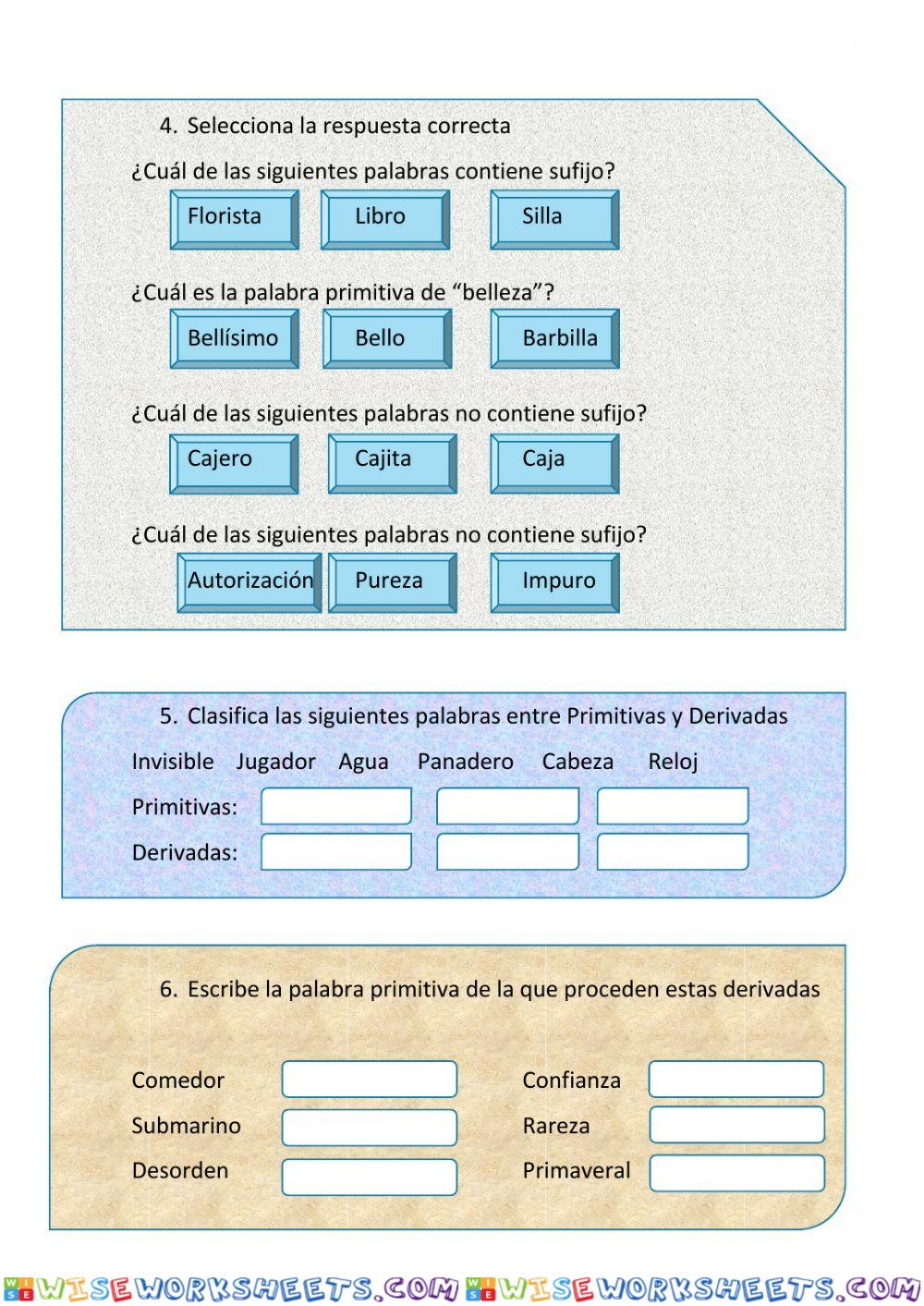 Palabras derivadas. Prefijos y sufijos Worksheet Online WiseWorksheets